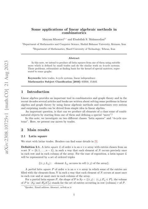 pdf some applications of linear algebraic methods in combinatorics