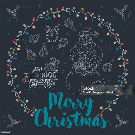 선물의 가방과 전구 화환의 원에 트럭 자동차와 장식 디자인 인사말 산타 클로스 새해 크리스마스 윤곽 그림 0명에 대한 스톡 벡터 아트 및 기타 이미지 Istock