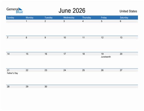 June 2026 Monthly Calendar With United States Holidays