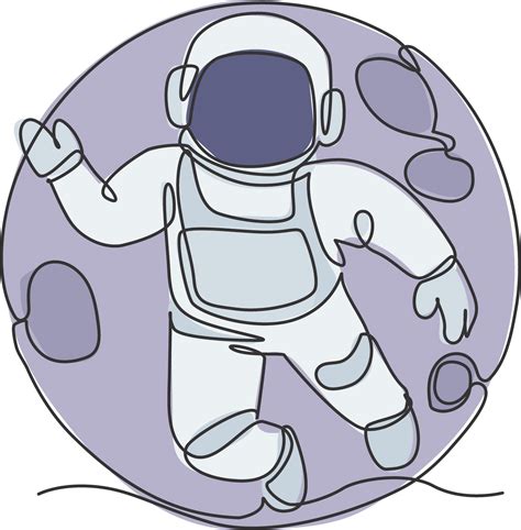 Single Continuous Line Drawing Of Floating Science Astronaut In Spacewalk Flying Against Full