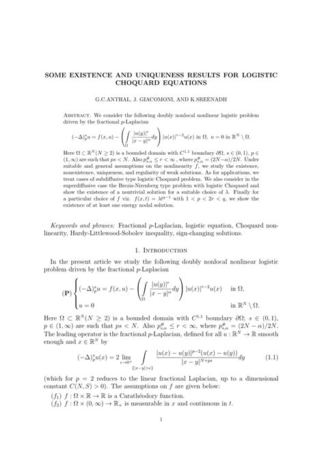 Pdf Some Existence And Uniqueness Results For Logistic Choquard Equation