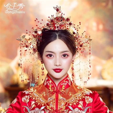 秀禾头饰新娘2023款奢华大气流苏红色中式古装重工大婚凤冠秀禾服 虎窝淘