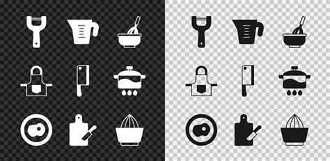 야채 필러 계량컵 그릇이 있는 주방 거품기 스크램블 에그 도마와 칼 감귤류 과일 과즙 짜는기구 앞치마 및 고기 다지기 아이콘을 설정합니다 벡터 감귤류 과일에 대한 스톡 벡터