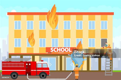 소방 관 불타는 건물 소화 소방차에 소방 학교 물으로 건물 소화 불을 진화의 벡터 그림입니다 불에 대한 스톡 벡터 아트 및 기타