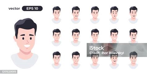 남자의 감정 세트 만화 사람들은 얼굴 어린 소년 애니메이션에 대한 귀여운 남성 캐릭터 다른 얼굴 표정 컬렉션입니다 심플한 디자인 플랫 스타일 벡터 그림입니다 가리키기에 대한