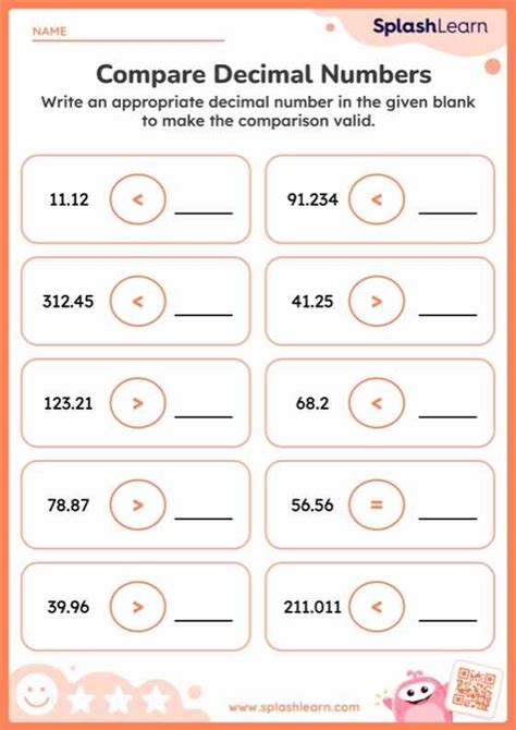 Comparing Decimal Place Value Worksheet