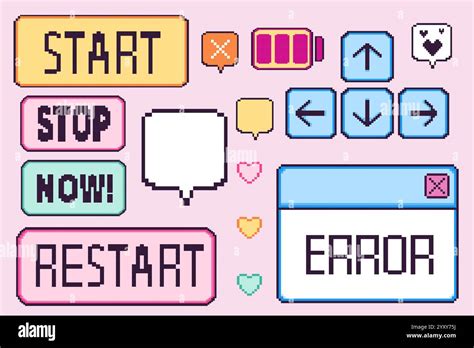 Pixel Game Ui Elements Kit Control Buttons Including Start Stop Restart Options Direction