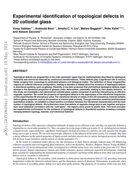 Pdf Experimental Identification Of Topological Defects In 2d Colloidal Glass