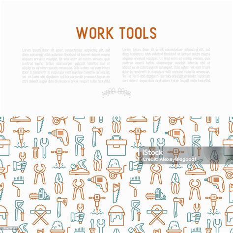 얇은 선 아이콘으로 작업 도구 개념 주먹 드릴 렌치 비행기 도구 상자 수레 톱 펜 치 톱 질 기계 웹 페이지 또는 인쇄 매체에 대 한 장비를 건물의 현대 벡터 일러스트