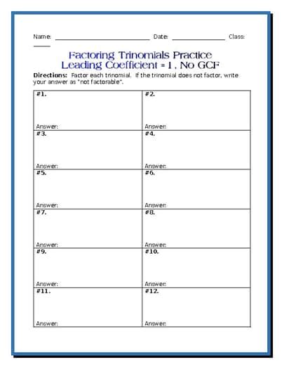 Factor Trinomials Leading Coefficient 1 No Gcf Practice Editable