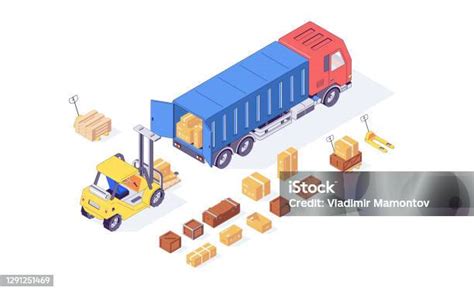 등색 상자화물 지게차 트럭 팔레트 및 지게차 물품 적재 배달 및 로드 벡터 그림 3차원 형태에 대한 스톡 벡터 아트 및 기타 이미지 3차원 형태 개념 개체 그룹