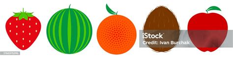 딸기 수박 오렌지 코코넛 사과 흰색에 고립된 평면 벡터 그림 감귤류 과일에 대한 스톡 벡터 아트 및 기타 이미지 감귤류 과일 개체 그룹 건강한 생활방식 Istock