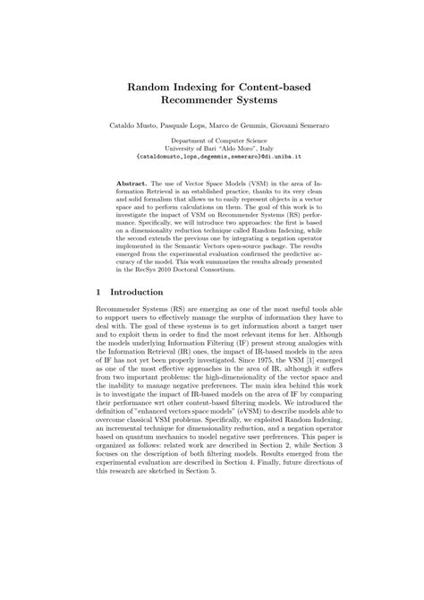 Pdf Random Indexing For Content Based Recommender Systems