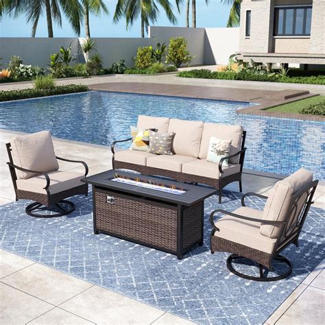 Phi Villa Brown Rattan 4 Piece 5 Seat Steel Outdoor Patio Conversation