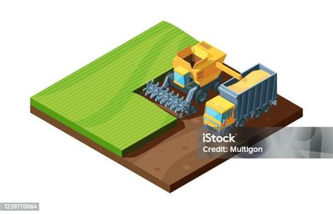 아이소메트릭 그림을 수집합니다 활기찬 수확기와 농업 기계를 결합 하 고 밀을 수집 하는 분야에서 개념 농장 자연 농업 농업 벡터 만화 산업 등측투영법에 대한 스톡 벡터 아트