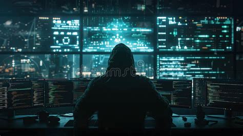 A Hacker In A Hoodie Committing Cybercrimes Many Monitors In Front Of