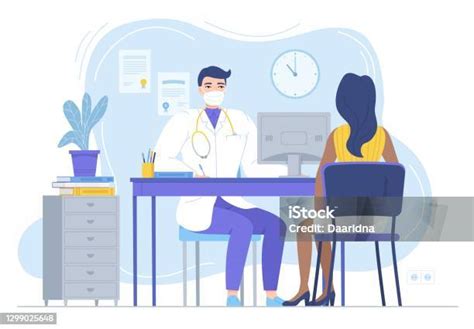 마스크 상담 여성 환자 의사 모니터와 책상에 앉아 있는 피시시안 가족 치료사 건강 관리 클리닉 작업 공간 개념 흰색에 격리 플랫 스타일의 스톡 벡터 일러스트레이션 진료소에