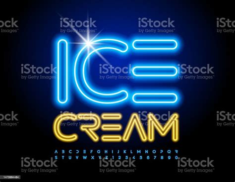 벡터 밝은 배너 아이스크림입니다 네온 알파벳 문자와 숫자 세트 광고에 대한 스톡 벡터 아트 및 기타 이미지 광고 그래픽 프린트 냉동된 Istock