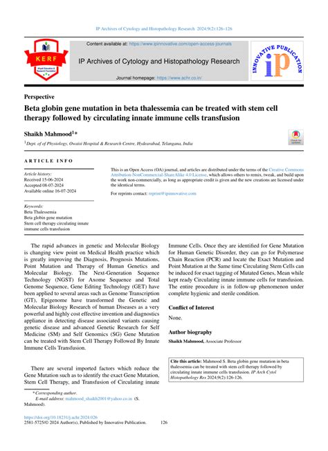 Pdf Beta Globin Genemutation In Beta Thalessemia Can Be Treated With Stem Cell Therapy
