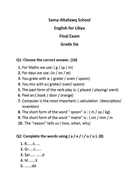 Grade 6 Final Exam Pdf