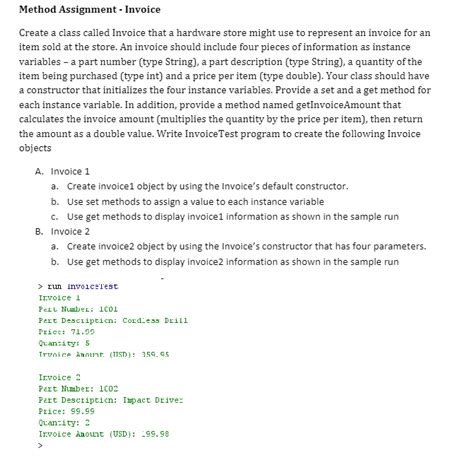 Solved Method Assignment Invoice Create A Class Called