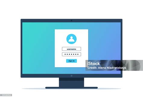 컴퓨터 화면의 로그인 페이지 로그인 양식과 로그인 버튼이 있는 데스크톱 컴퓨터 사용자 계정 벡터 그림입니다 접근성에 대한 스톡 벡터 아트 및 기타 이미지 Istock