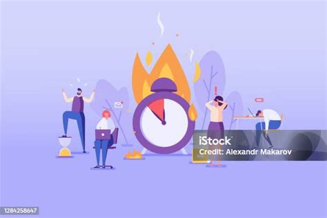 화재에 경보 불타는 시계 사람들은 공황에 지치고 스트레스 시간 관리 마감일 자기 통제 자기 수양 사무실 생활의 개념 플랫 만화 디자인의 벡터 일러스트레이션 가지별 꽃송이에