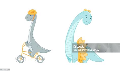 귀여운 아기 공룡 활동 세트 재미있는 디노 타기 자전거와 재미있는 의상 만화 벡터 일러스트 레이 션을 입고 걷는 것 공룡에 대한 스톡 벡터 아트 및 기타 이미지 Istock