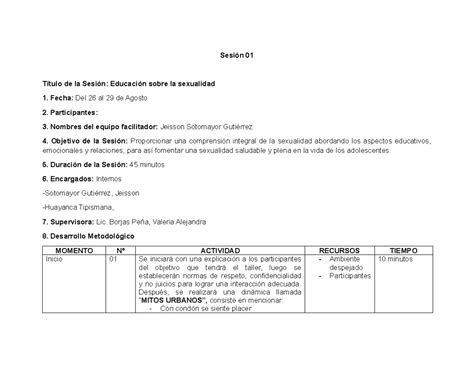 Taller Estructura Sexualidad Sesi N T Tulo De La Sesi N Educaci N Sobre La Sexualidad