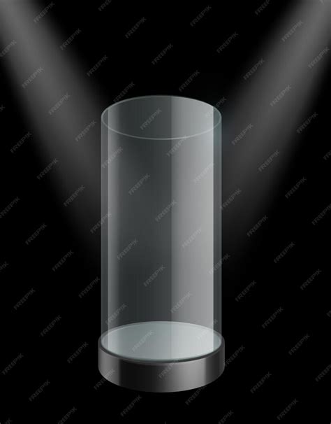 실린더 쇼케이스 유리 스포트라이트 아래 플라스틱 빈 케이스 명확한 현실적인 모형 제품 프레젠테이션 스탠드 조명 벡터 격리 된 그림이 있는 전시 돔 프리미엄 벡터