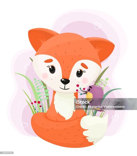 잔디에 앉아 다른 새와 귀여운 여우 만화 플랫 스타일의 벡터 일러스트레이션입니다 곰에 대한 스톡 벡터 아트 및 기타 이미지 곰 공휴일 귀여운 Istock