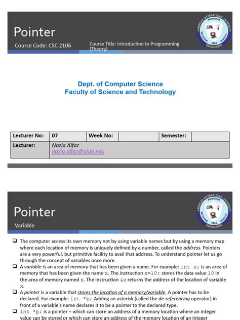 Lecture 7 Pointer Pdf Pointer Computer Programming Integer