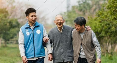 Chinese Grandpa Walking Together Volunteers Ai Generated Image