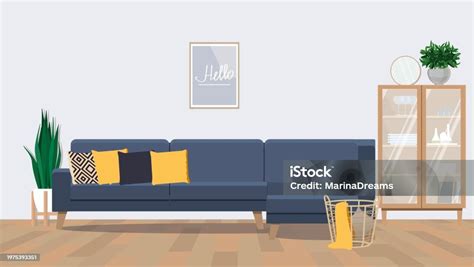 소파와 나무 찬장이 있는 스칸디나비아 거실의 인테리어 디자인 거실에 대한 스톡 벡터 아트 및 기타 이미지 거실 배경 주제 벡터 Istock
