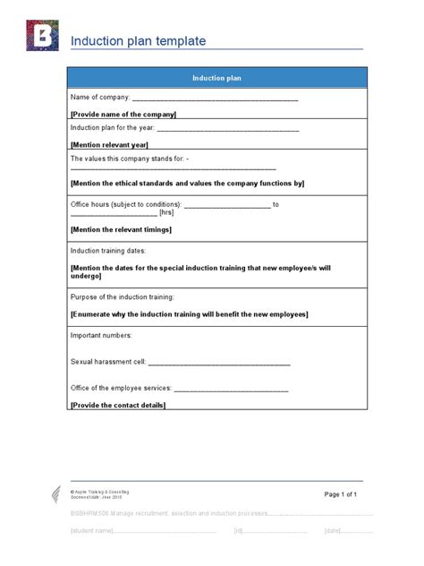Bsbhrm506 Induction Plan Template Pdf