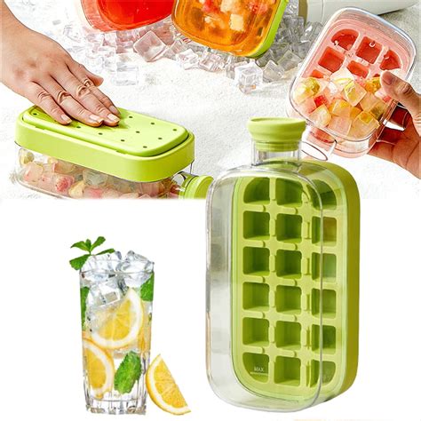 Ice Cube Bottle 2 In 1 Touch Free Ice Cube Tray Water Bottle With Lid And Bin Easy Press To