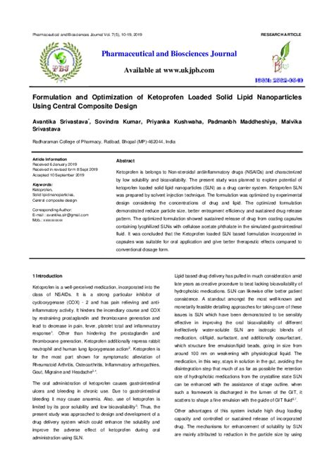 Pdf Formulation And Optimization Of Ketoprofen Loaded Solid Lipid Nanoparticles Using Central