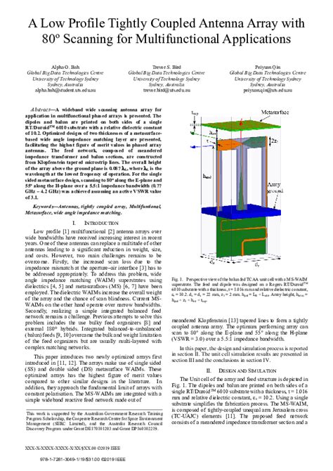 Pdf A Low Profile Tightly Coupled Antenna Array With 80° Scanning For