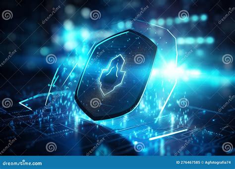 Digital Cyber Security Concept Shield On Circuit Board Background With Blue Lights Abstract