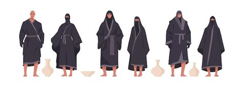 전통적인 동쪽 드레스와 긴 흐르는 의류 벡터 일러스트 레이 션 프리미엄 벡터