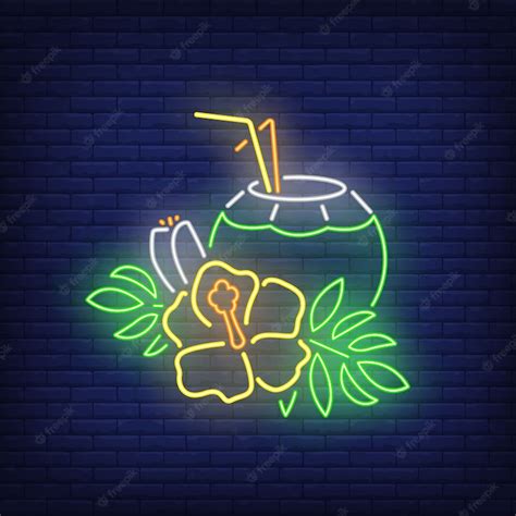 Free Vector Coconut Cocktail Neon Sign Tropical Drink And Yellow