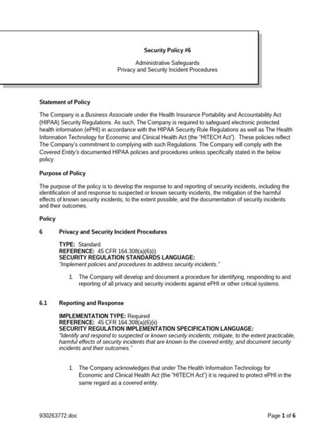 Hipaa Security Policy 6 Incident Response Pdf Health Insurance