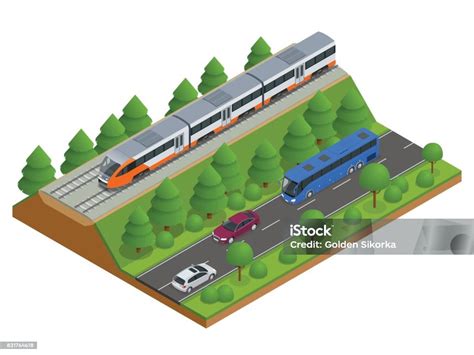 아이소메트릭 철로 그리고 현대 기차입니다 철도 아이콘입니다 현대 고속 빨간 통근 열차입니다 평면 3 차원 등각 투영 벡터 일러스트 레이 션 대 한 인포 그래픽 및 디자인