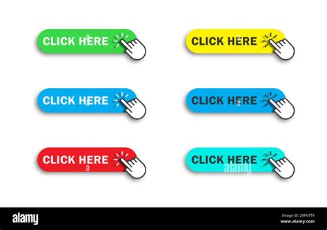 Click Here Button With Hand Pointer Clicking Colored Web Buttons Set Flat Vector Illustration
