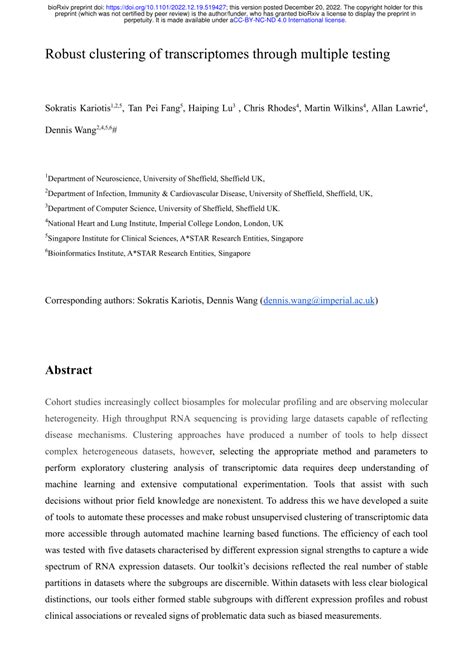 Pdf Robust Clustering Of Transcriptomes Through Multiple Testing