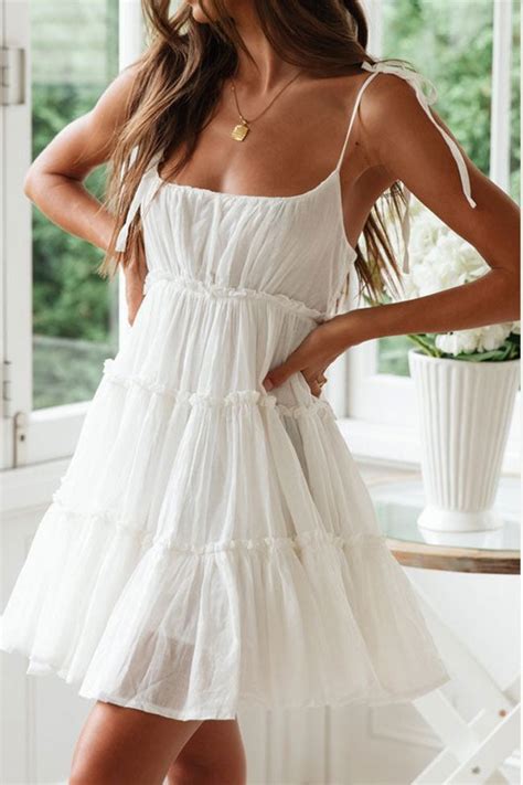 Flattering Tiered Ruffle Empire Waist Mini Summer Sundress White Rosedress