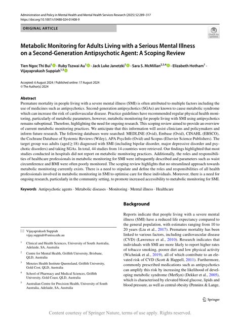 Pdf Metabolic Monitoring For Adults Living With A Serious Mental Illness On A Second