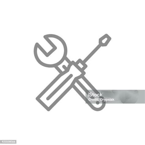 간단한 렌치 스 패너와 드라이버 라인 아이콘입니다 기호와 기호 벡터 일러스트 레이 션 디자인 흰색 배경에 고립 건축하기에 대한