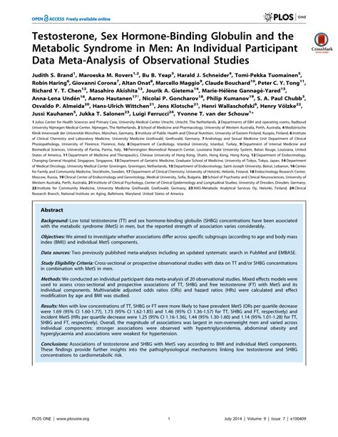 Pdf Testosterone Sex Hormone Binding Globulin And The Metabolic Syndrome In Men An