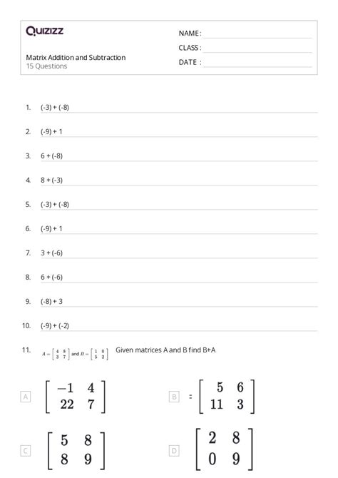 50 Matrices Worksheets On Quizizz Free And Printable